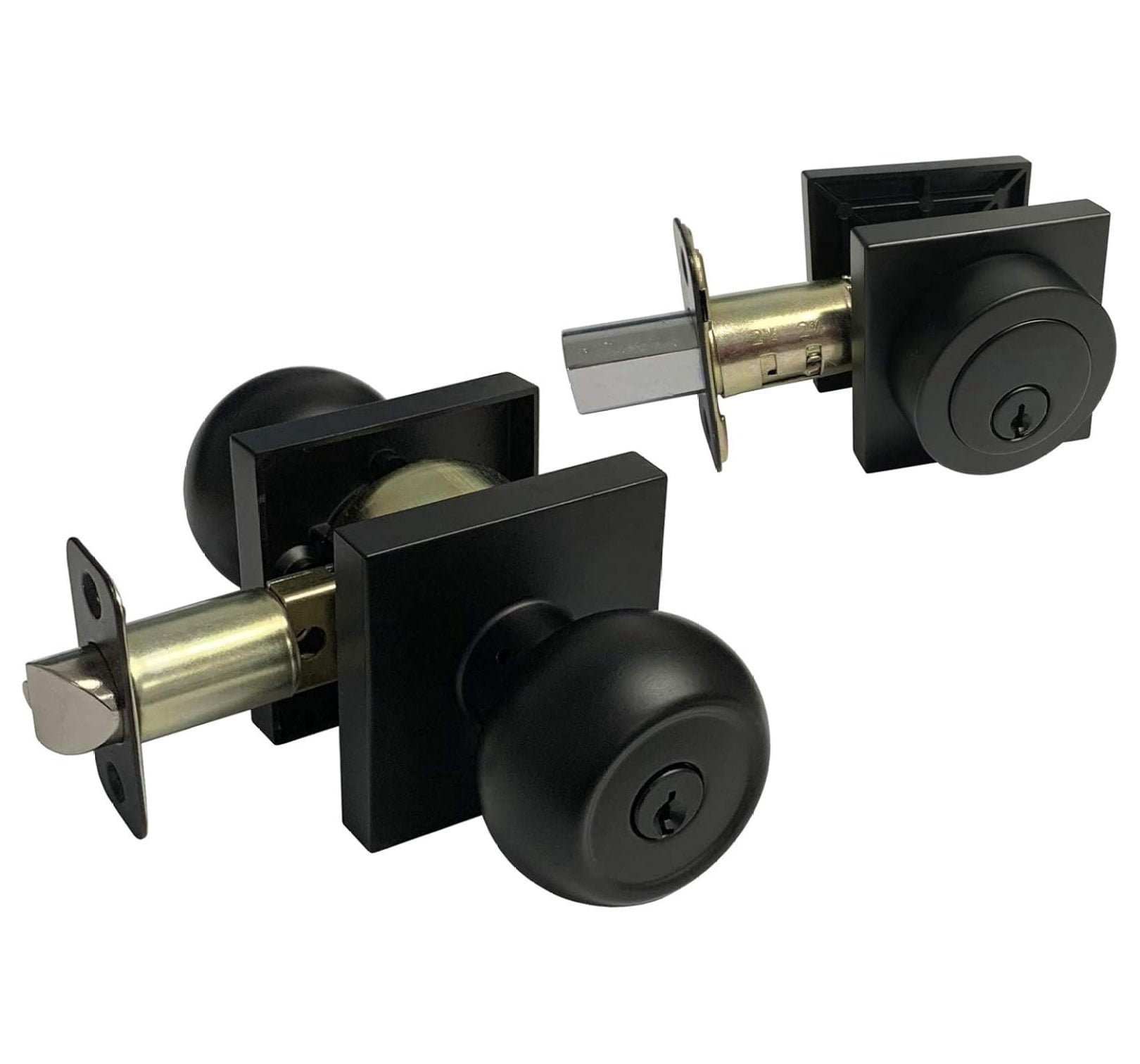 Black Entry Entrance Lock Square Plate Round Door Handle Knob with ...