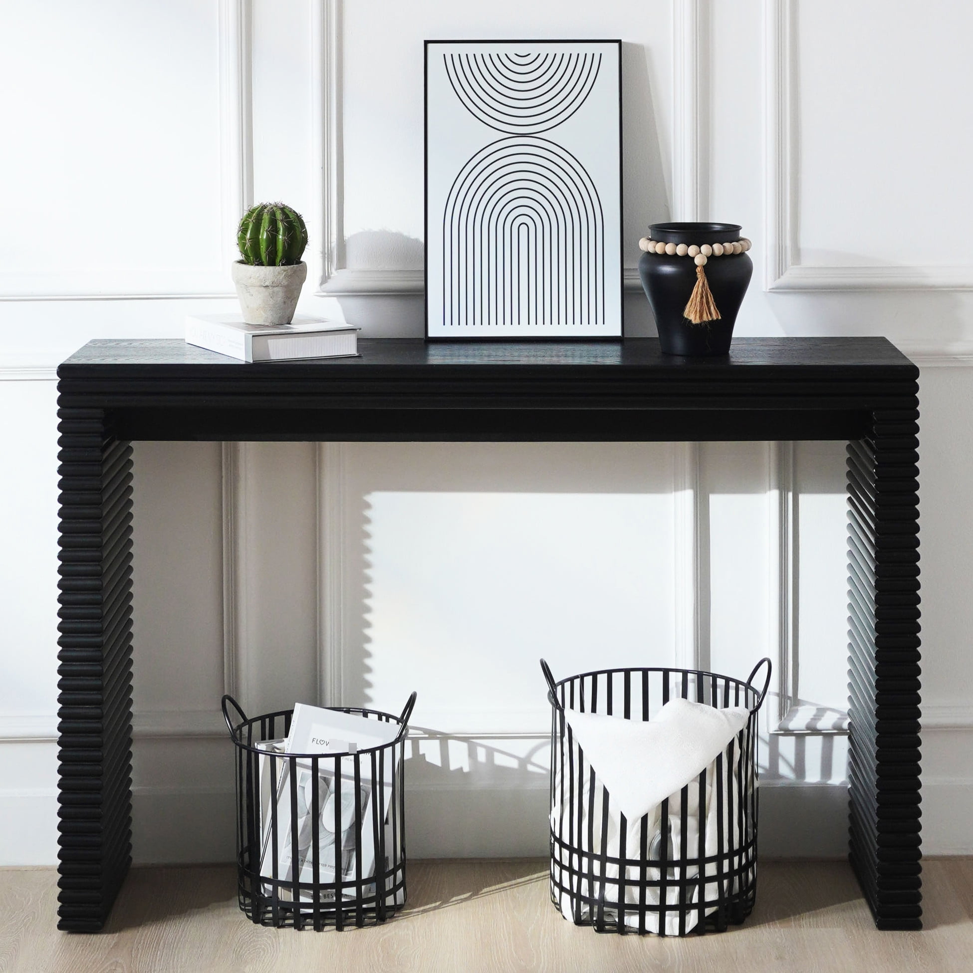 Black Entryway Console With Ribbed Pattern, 47" Table For Home, Wood In ...