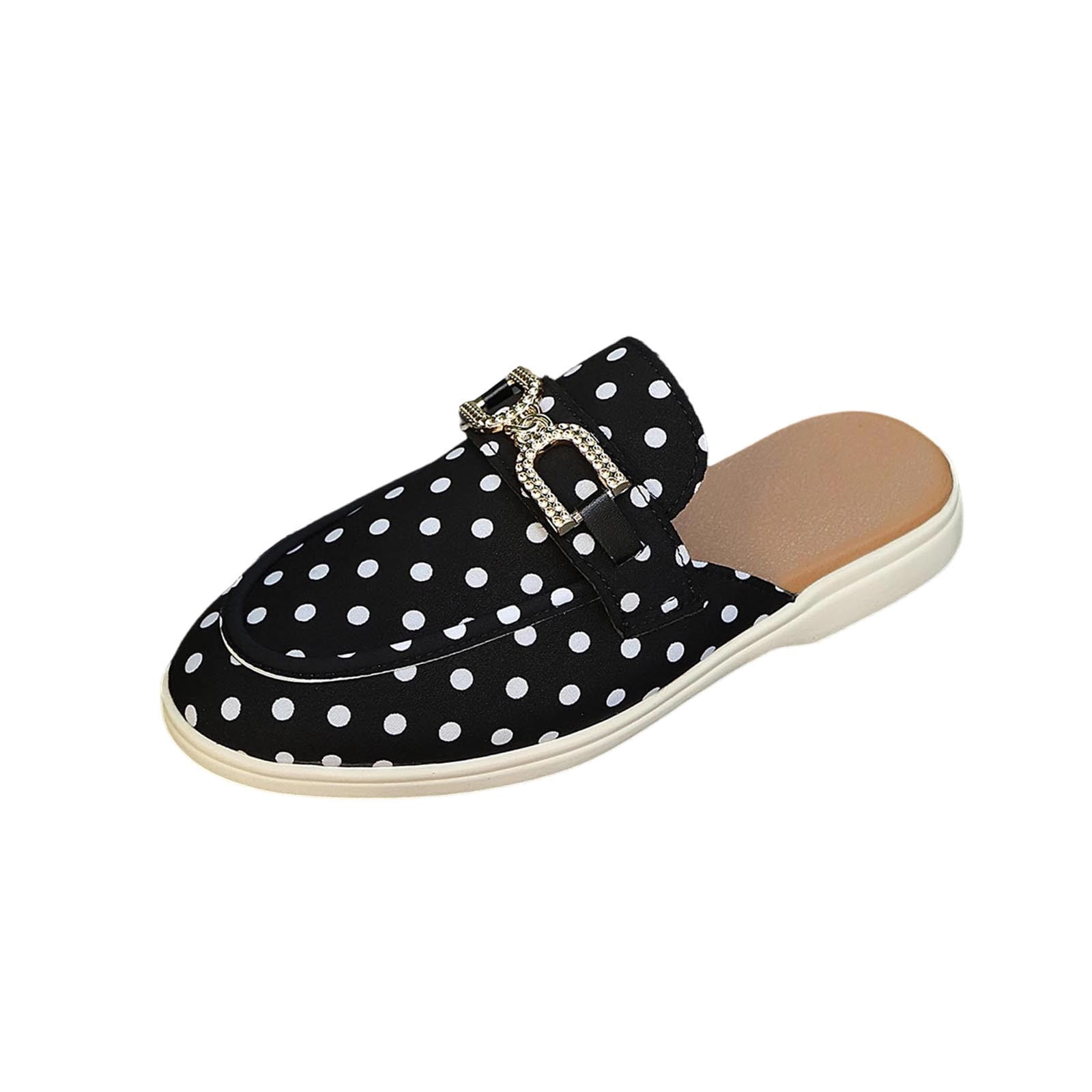 Black Ethnic Polka Dot Print Shoes, Rhinestone Metal Buckle Half ...