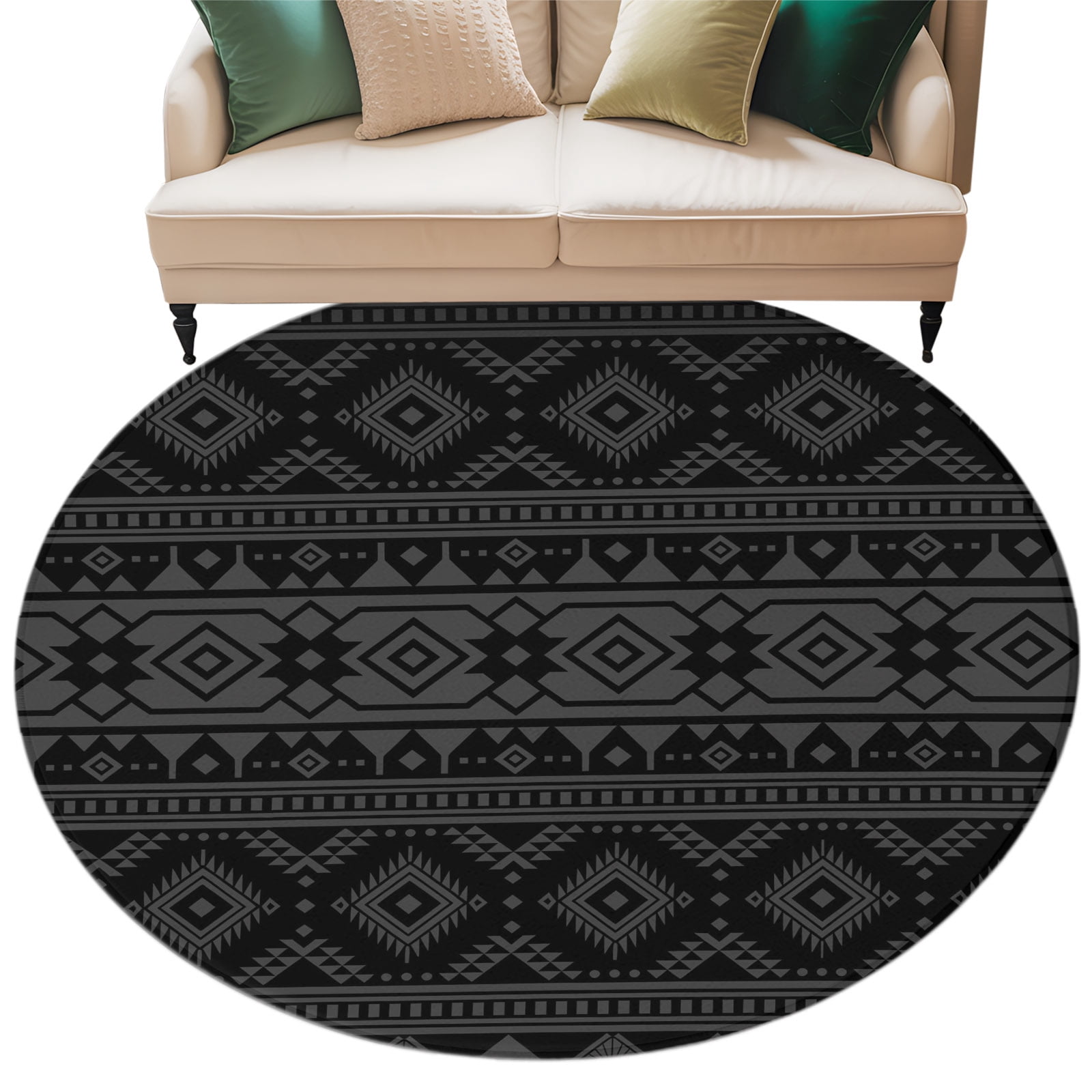 Black Ethnic Tribe Round Rug 6ft Washable Circle Kitchen Rugs Non Slip ...