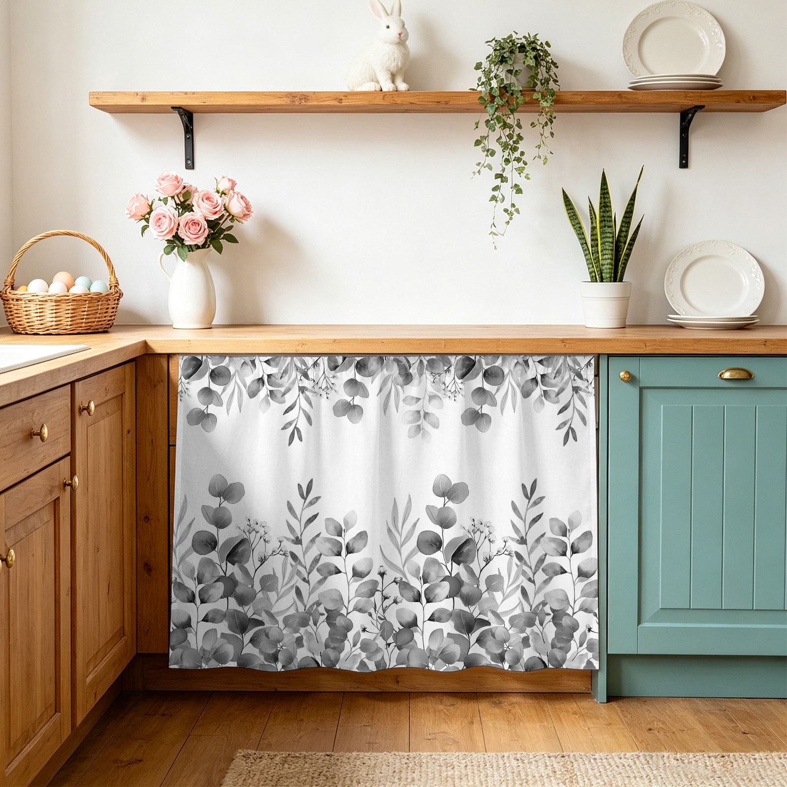 Black Eucalyptus Leaves Cabinet Curtains 11" W x 13" L Summer Plants ...