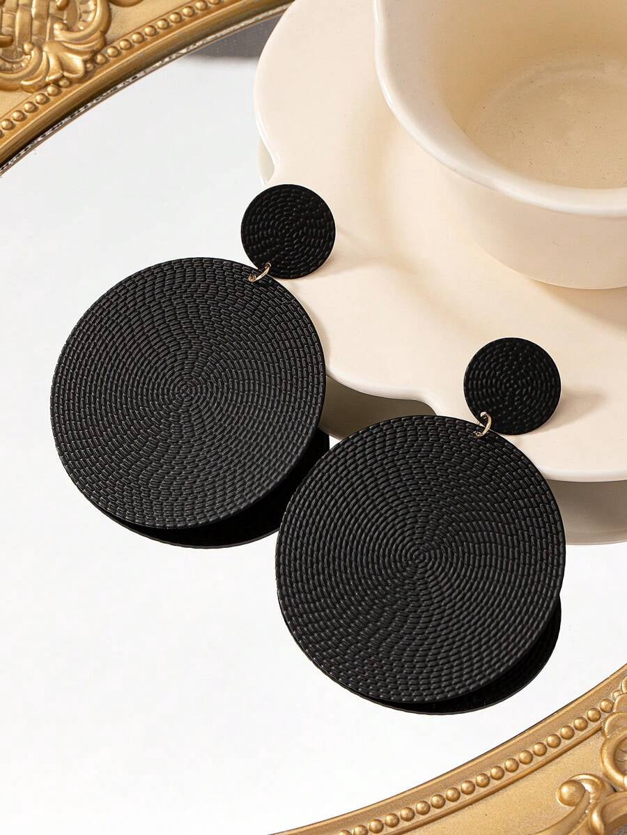 Black Exaggerated Minimalist Large Disc Dangle Earrings With Textured ...