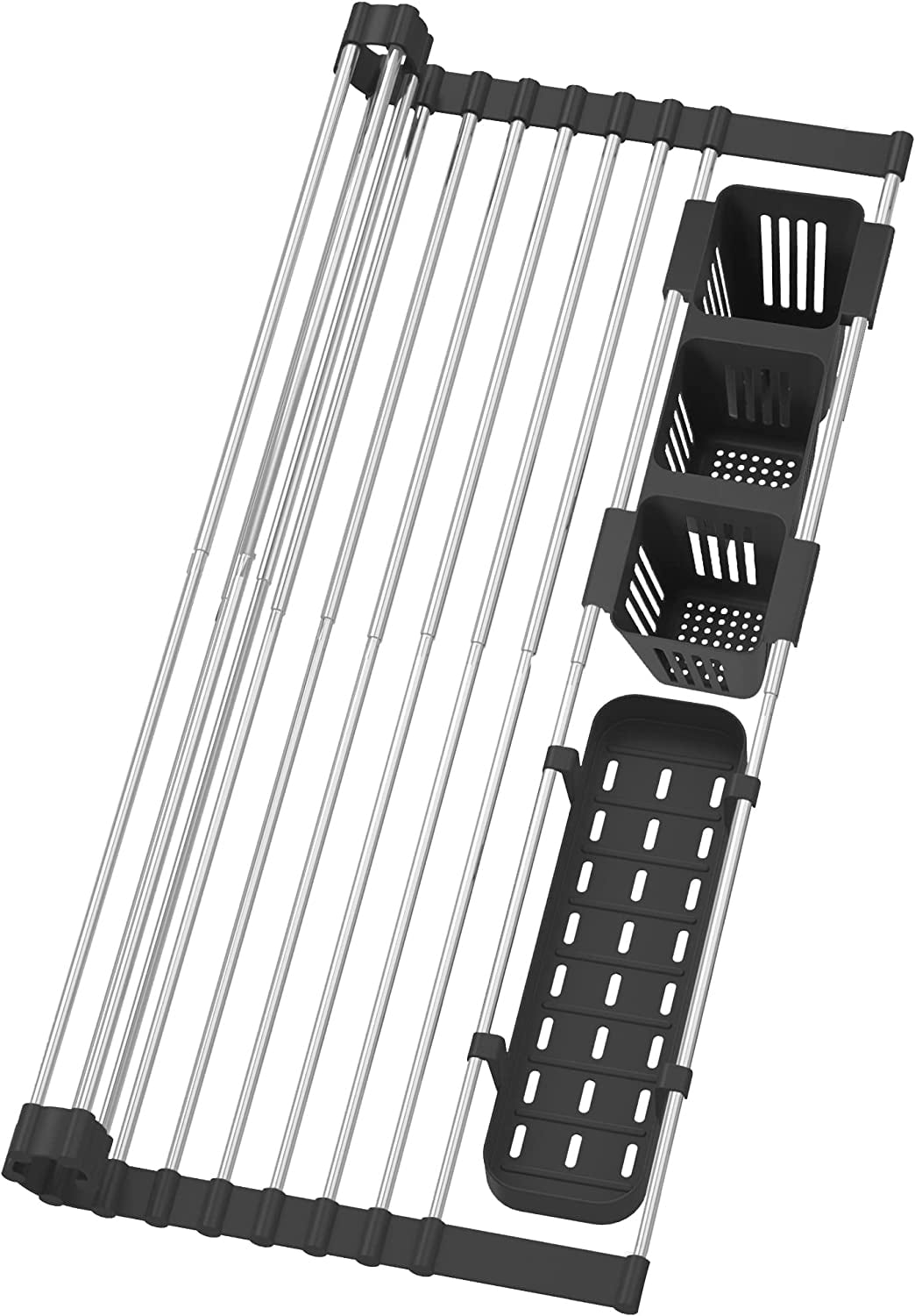 Black Expandable Roll Up Dish Drying Rack Up to 22.8''with 2 Storage ...