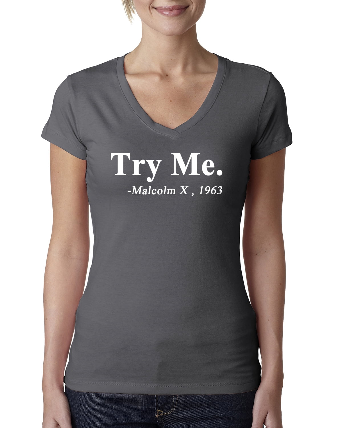 Black Expression Try Me. Malcolm X 1963 Womens Junior Fit V-Neck Tee, Dark Grey, Medium ...