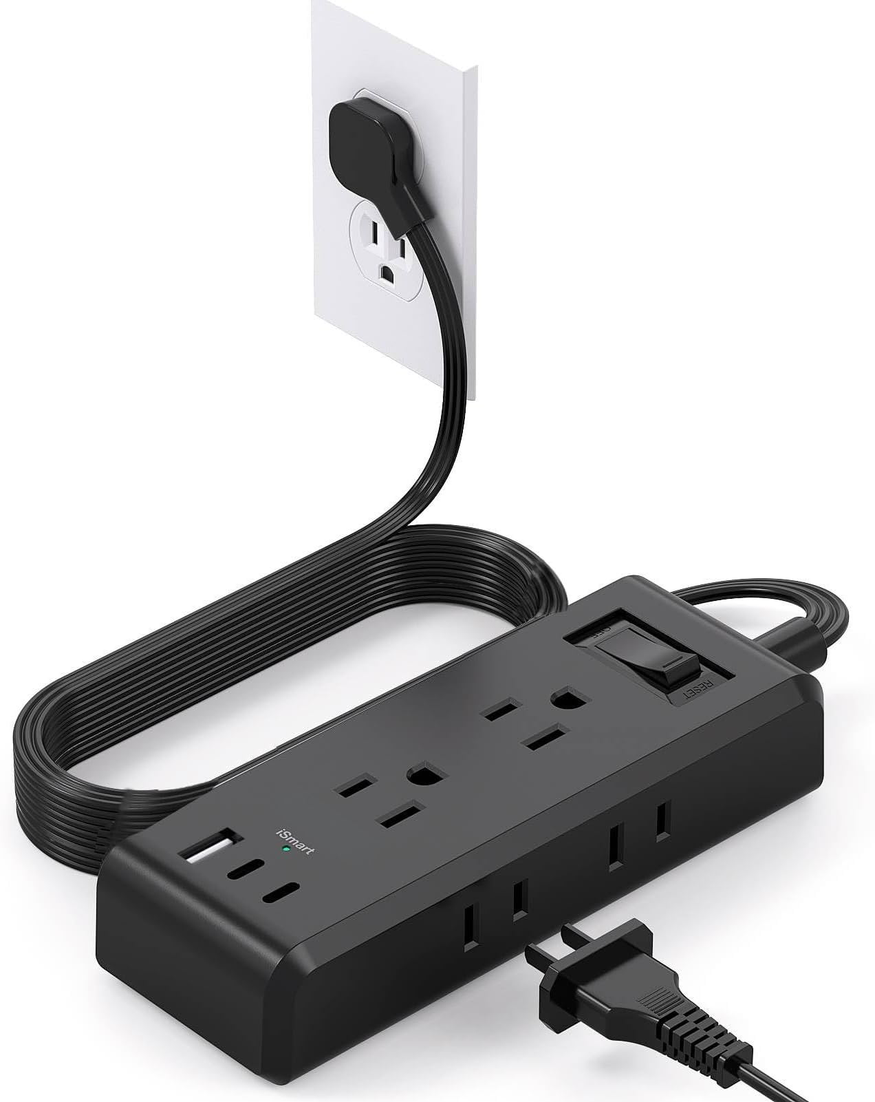 Black Extension Cord 10 Ft, -Thin Flat Plug Power Strip with 6 Outlets ...
