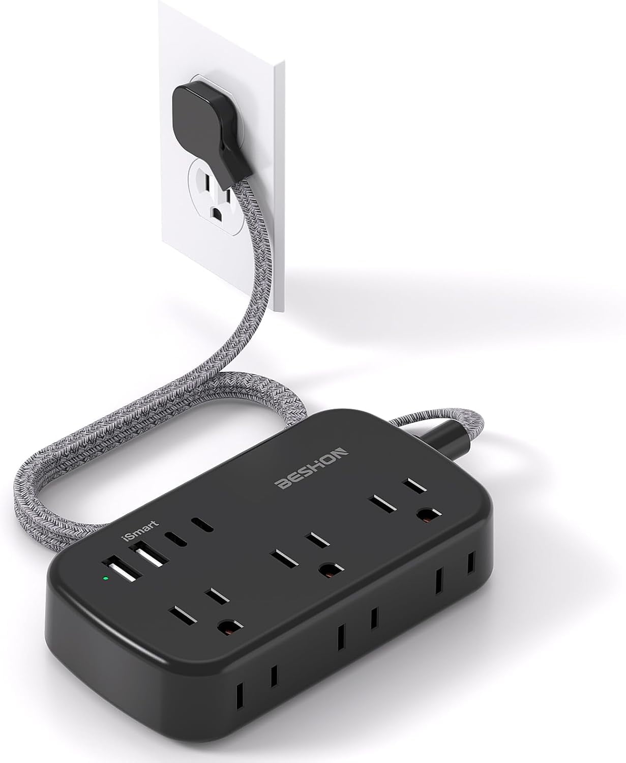 Black Extension Cord 10 ft, Flat Plug Power Strip with USB C, Ultra ...