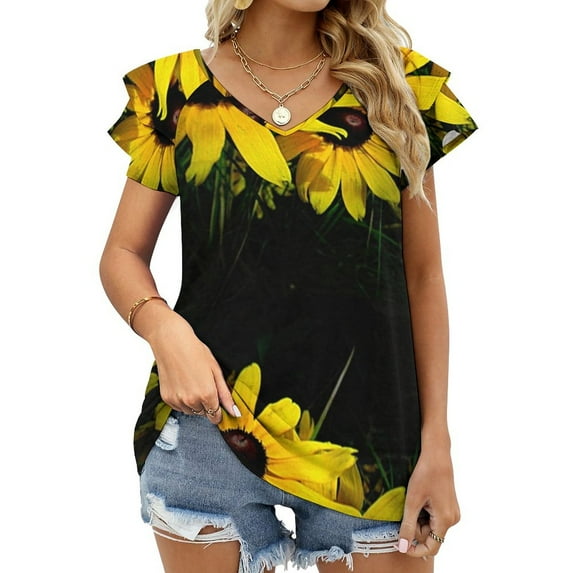 Black Eye Susan Lotus Leaf Neck T-Shirt Long Sleeve T-Shirts For Women ...