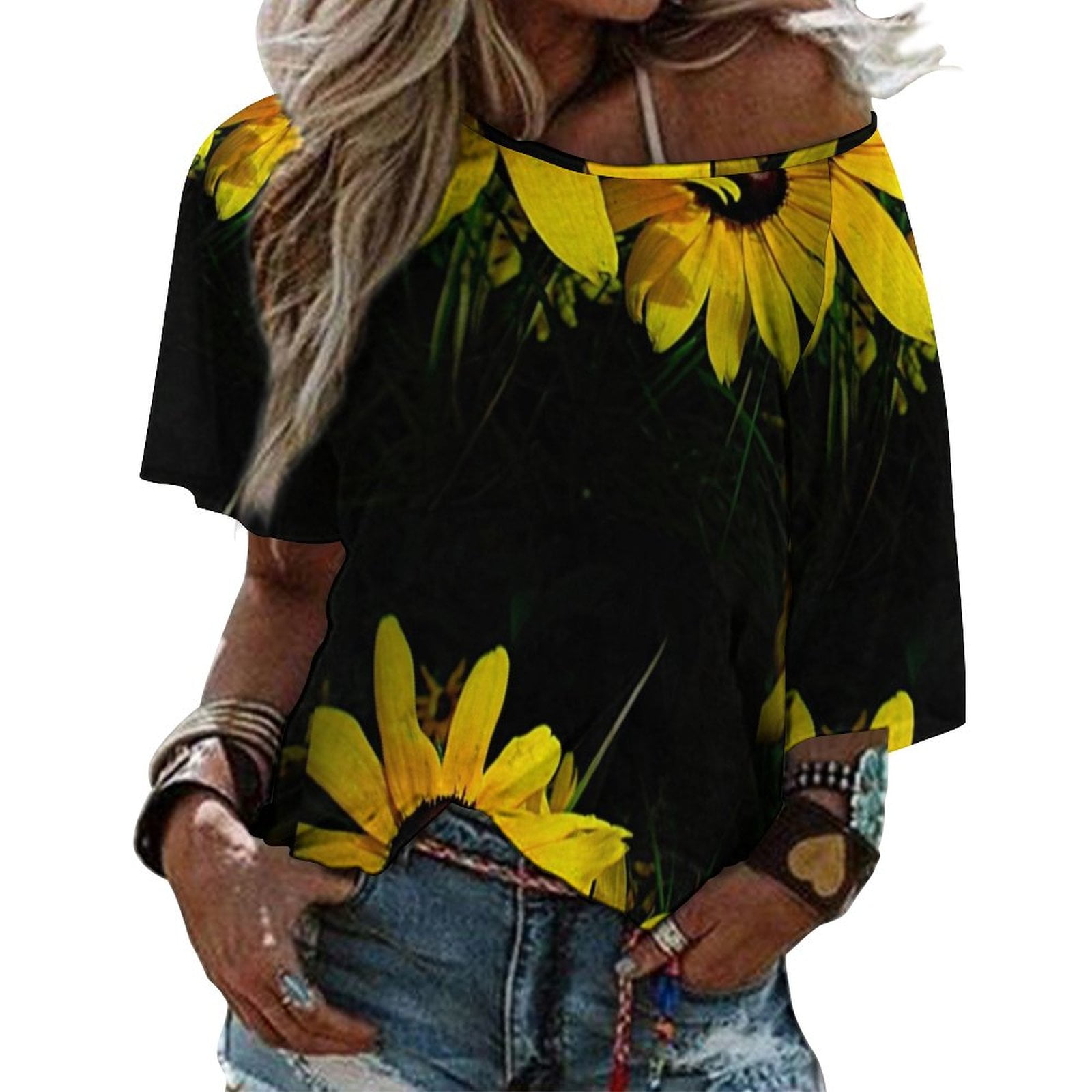 Black Eye Susan Lotus Leaf Neck T-Shirt Long Sleeve T-Shirts For Women ...