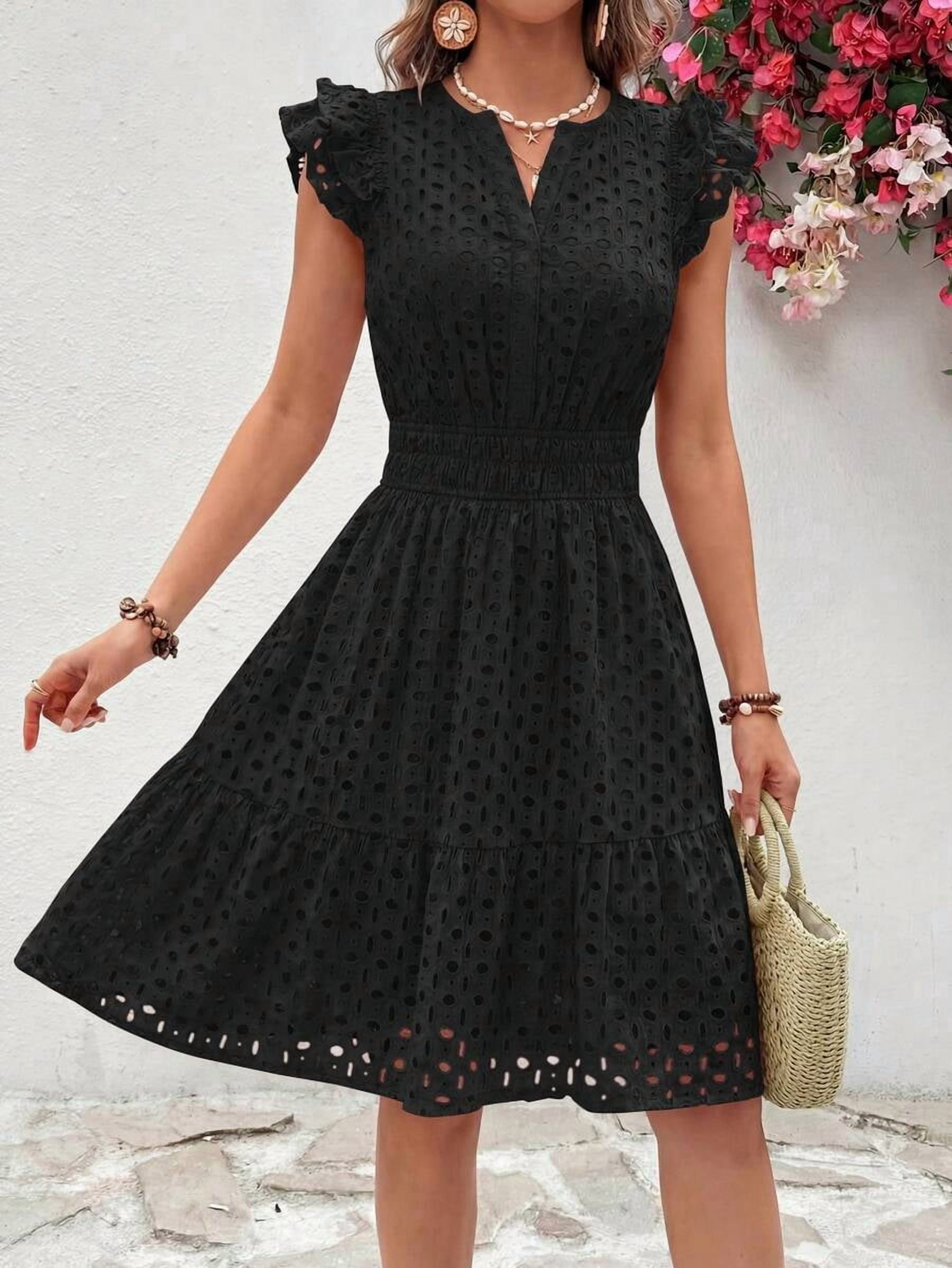 Black Eyelet Cap Sleeve V-Neck A-Line Tiered Sundress For Women ...