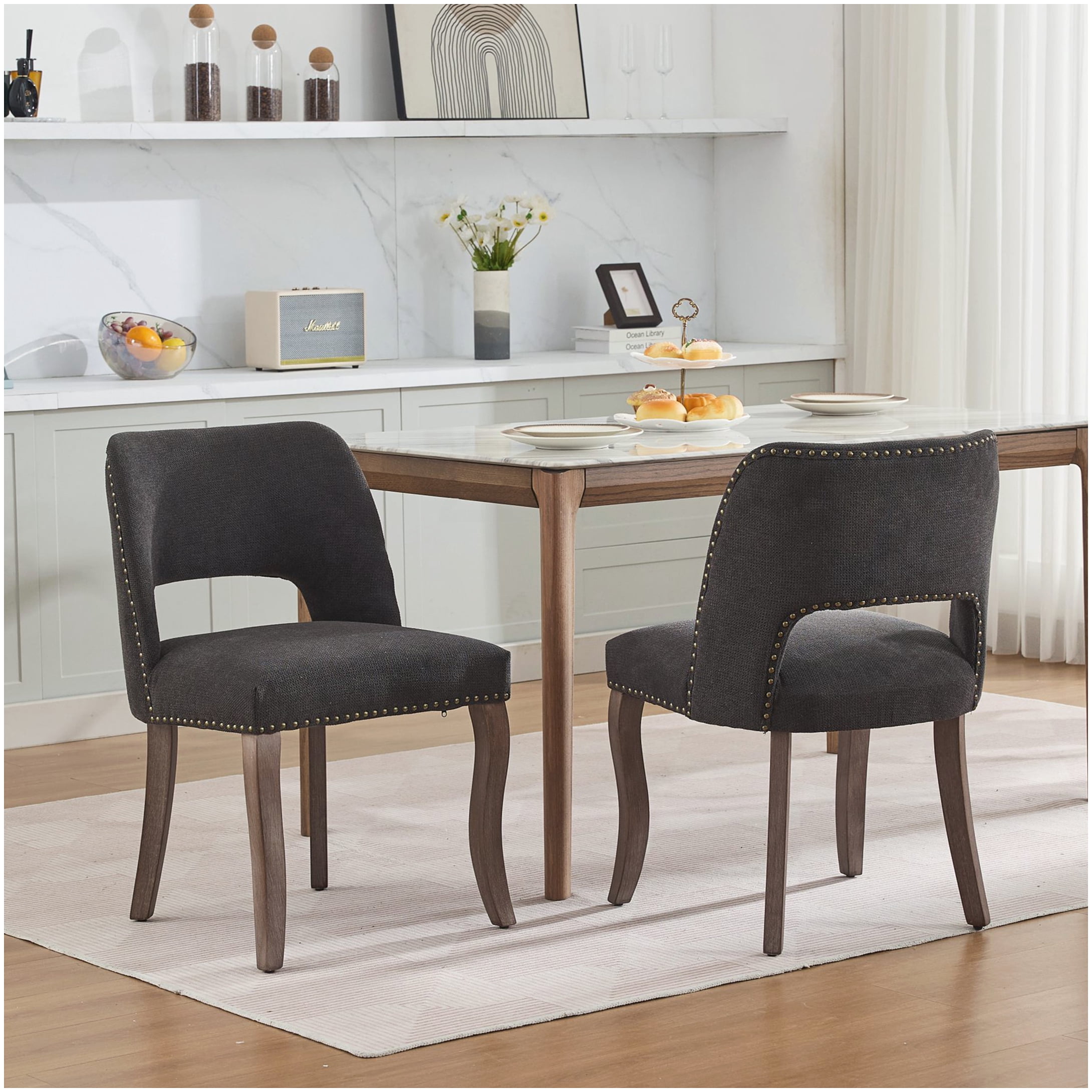 Black Fabric Dining Chairs Set of 2, Curved Back Kitchen Chairs with ...