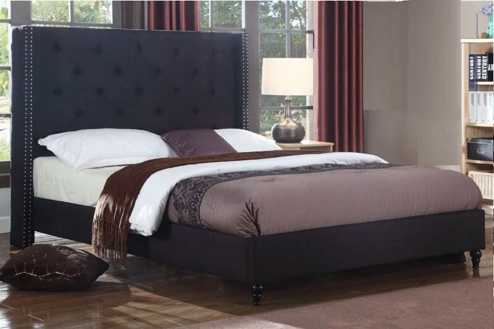 Black Fabric Full Size Bed, Tufted Wingback Headboard, Nailhead Accent ...