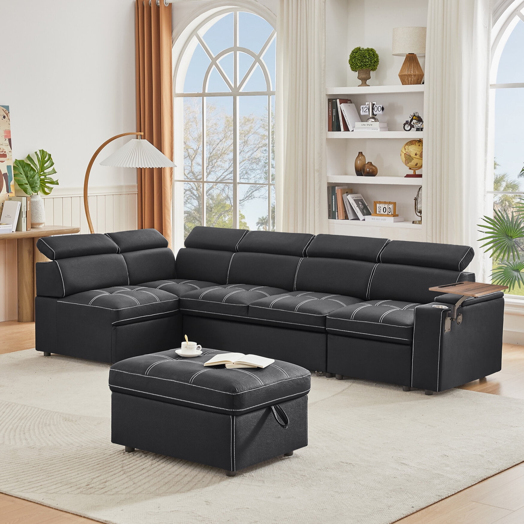 Black Fabric Sectional Sofa with Storage Ottoman & Convertible Bed ...