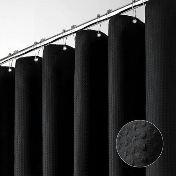 Black Fabric Shower Curtain - Waffle Textured Heavy Duty Cloth Curtains ...