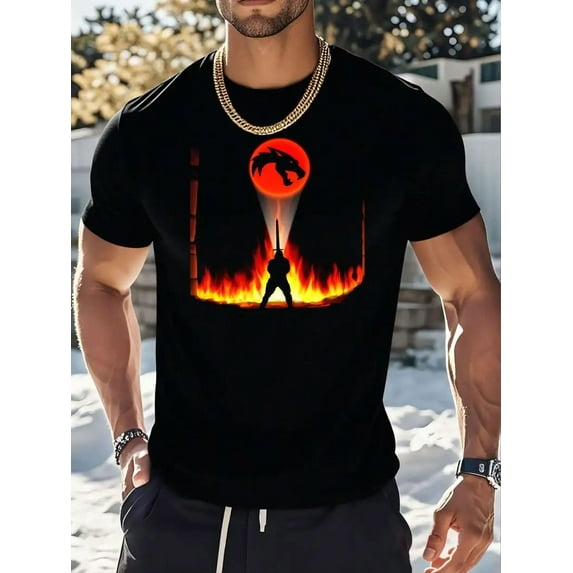 Black Fantasy Dragon Warrior Fire Graphic Short Sleeve T-Shirt for Men ...