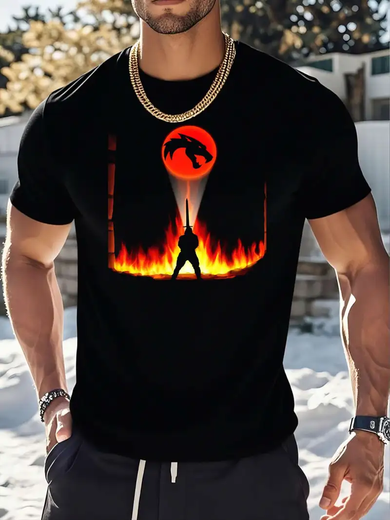 Black Fantasy Dragon Warrior Fire Graphic Short Sleeve T-Shirt for Men ...