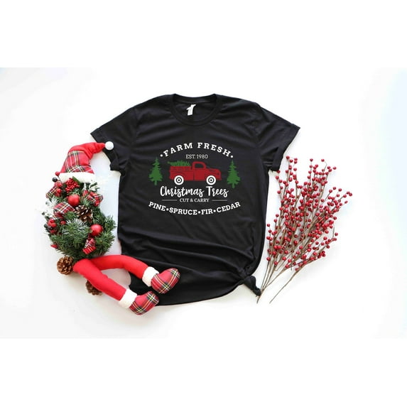 Black Vintage Farm Fresh Xmas Trees Red Truck Shirt, Holiday Tree Farm ...