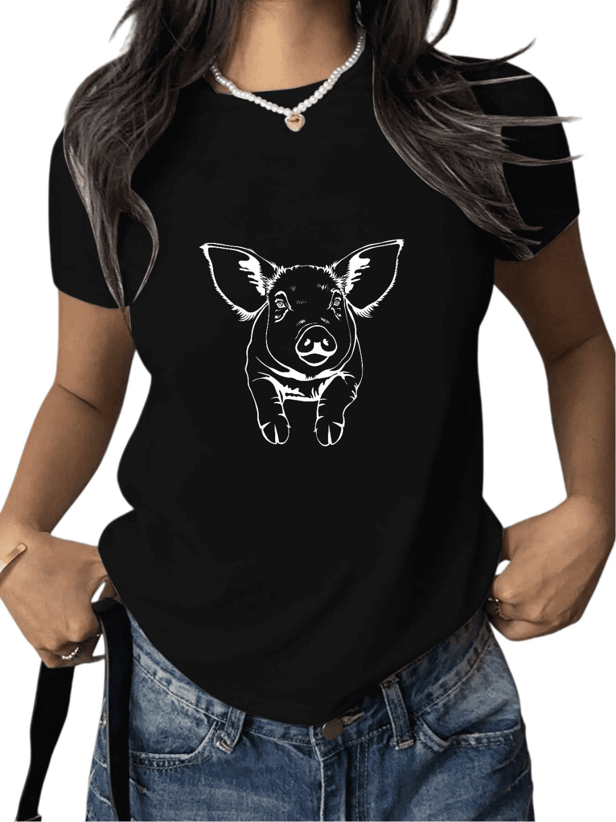 Black Farm Pig Print Tshirt Graphic Tees Shirts Cute Animal Portrait ...