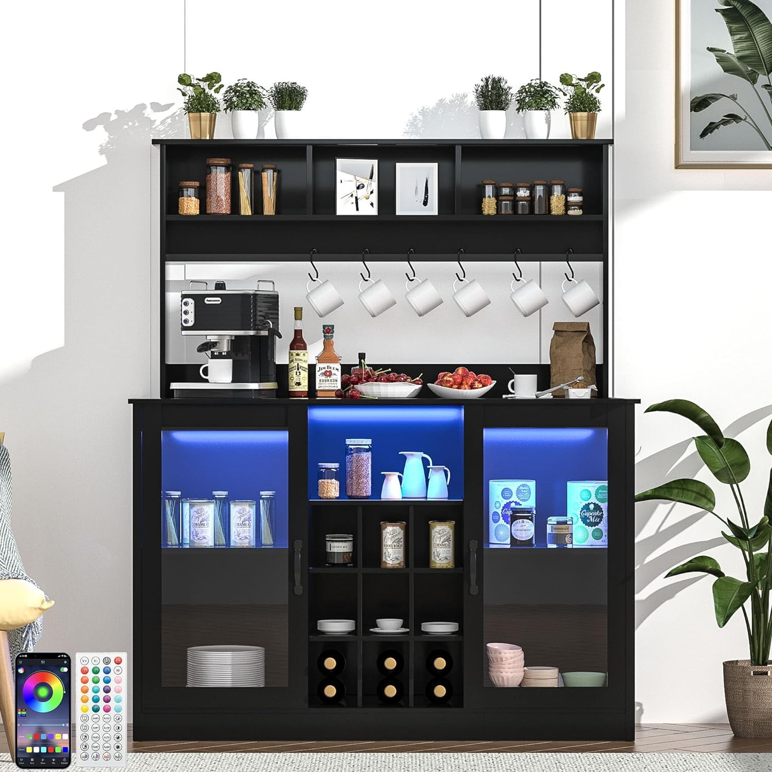 Black Farmhouse Bar Cabinet with LED Light&Power Outlet,Kitchen Buffet ...