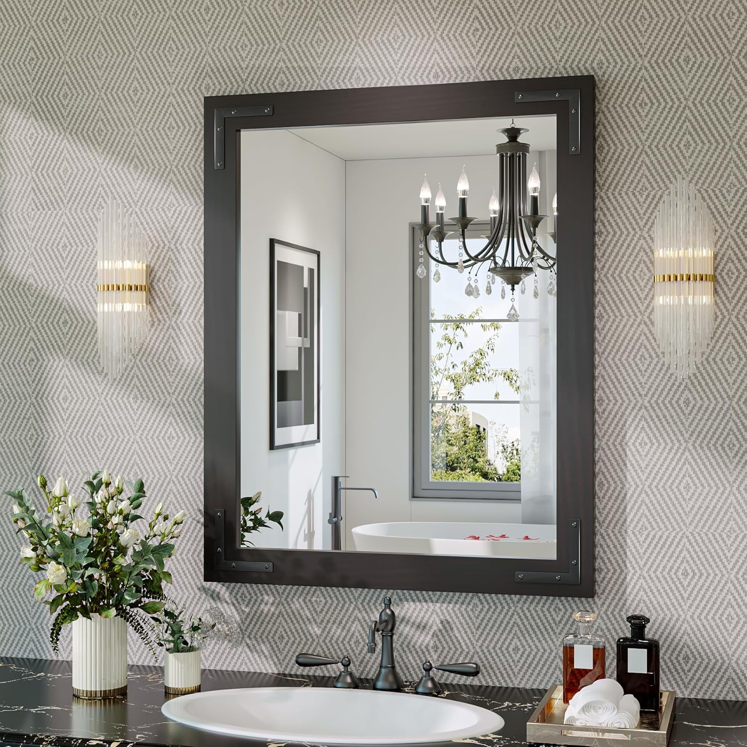 Black Farmhouse Bathroom Mirror, 24x30 Inch Black Wooded Framed Vanity ...