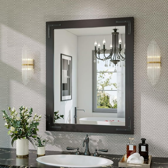 Black Farmhouse Bathroom Mirror, 24x30 Inch Black Wooded Framed Vanity ...