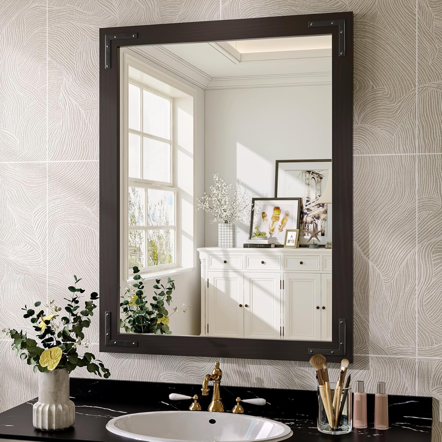 Black Farmhouse Bathroom Mirror, 28x36 Inch Black Wooded Framed Vanity ...