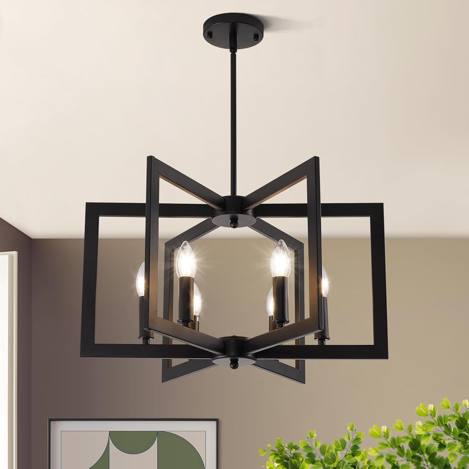 Black Farmhouse Chandelier, 6-Light Geometric Dining Room Fixture ...