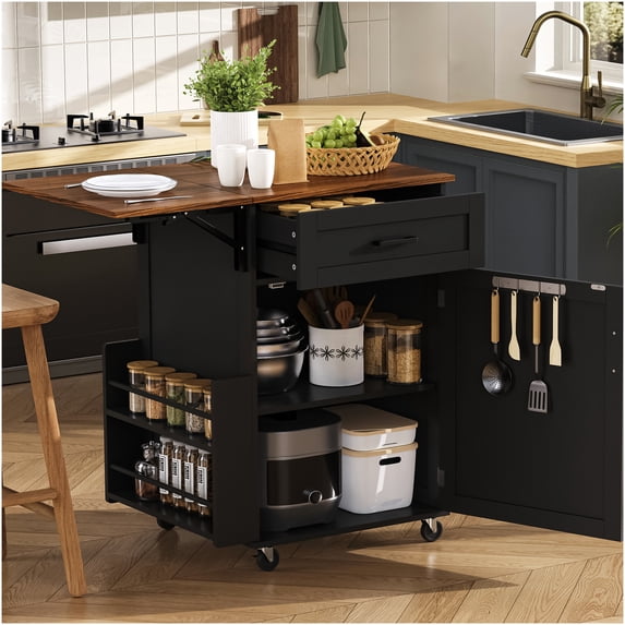 Black Farmhouse Kitchen Island Cart with Drop Leaf, 2-Tier Open Shelf ...