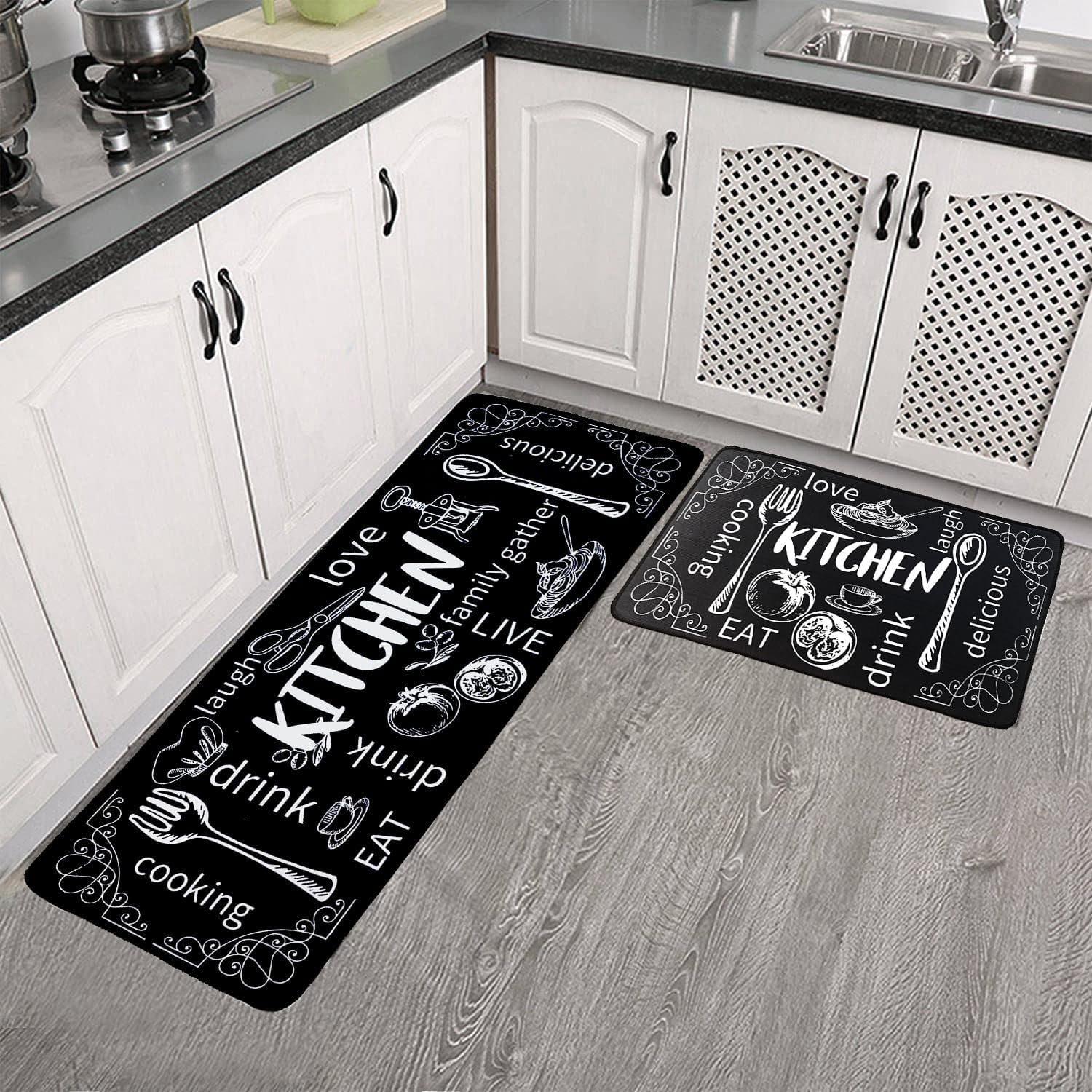 Black Farmhouse Kitchen Rug Set of 2 Non-Slip 16 x 31.5 in + 16 x 47.3 ...