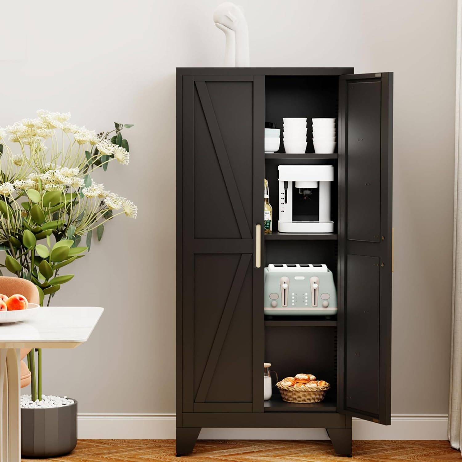 Black Farmhouse Metal Kitchen Pantry Cabinet with Doors and 3 ...