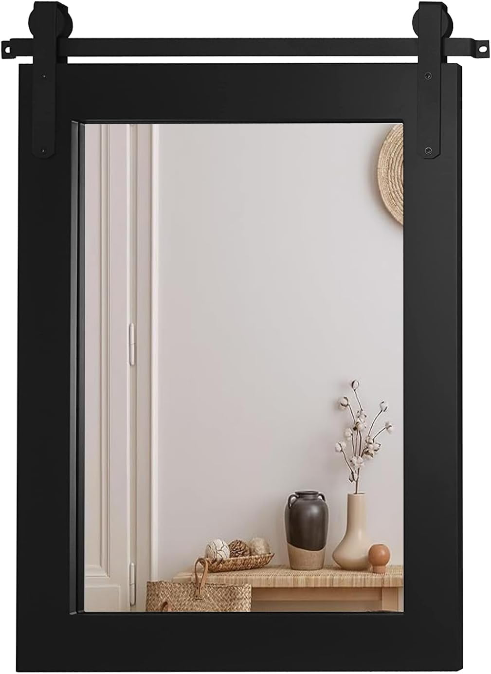 **black farmhouse mirror barn door style rectangle solid wood frame ...