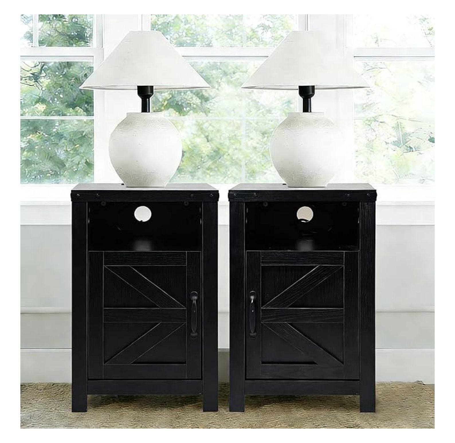 Black Farmhouse Nightstand Set of 2, End Tables Set with Charging ...