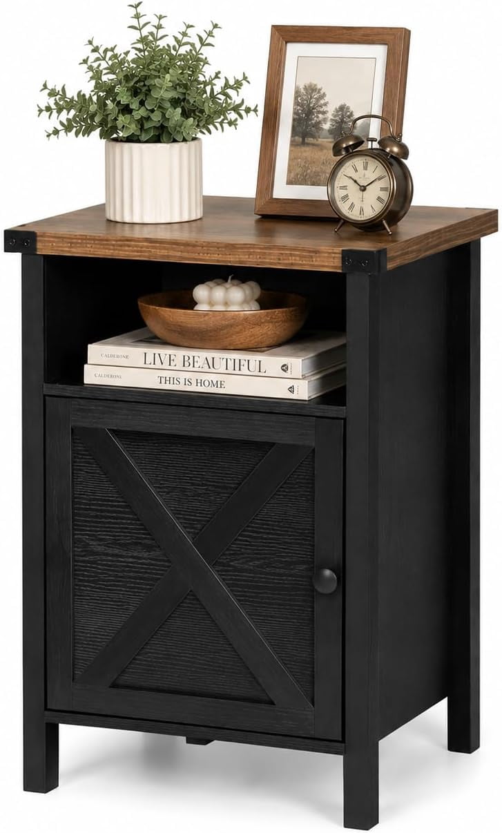 Black Farmhouse Nightstand, Side Table, End Table with Barn Door and ...