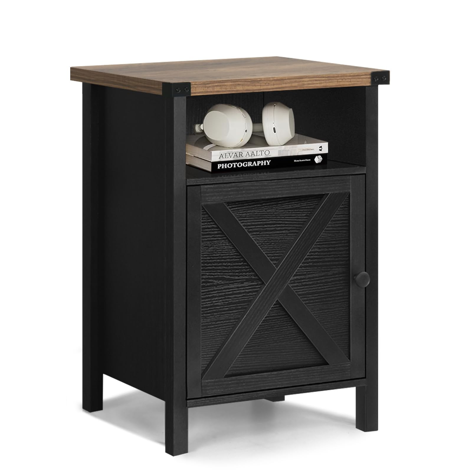 Black Farmhouse Nightstand, Side Table, End Table with Barn Door and ...