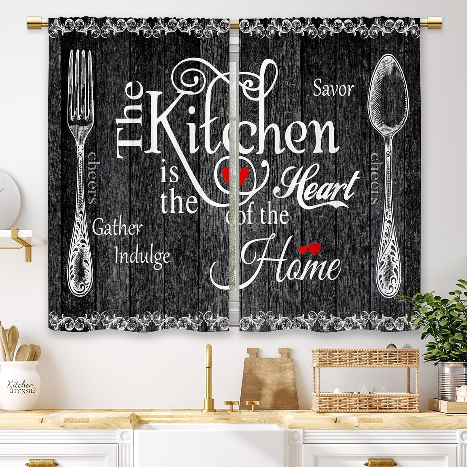 Black Farmhouse Rustic Kitchen Curtains Wooden Wood Small Short Cafe ...