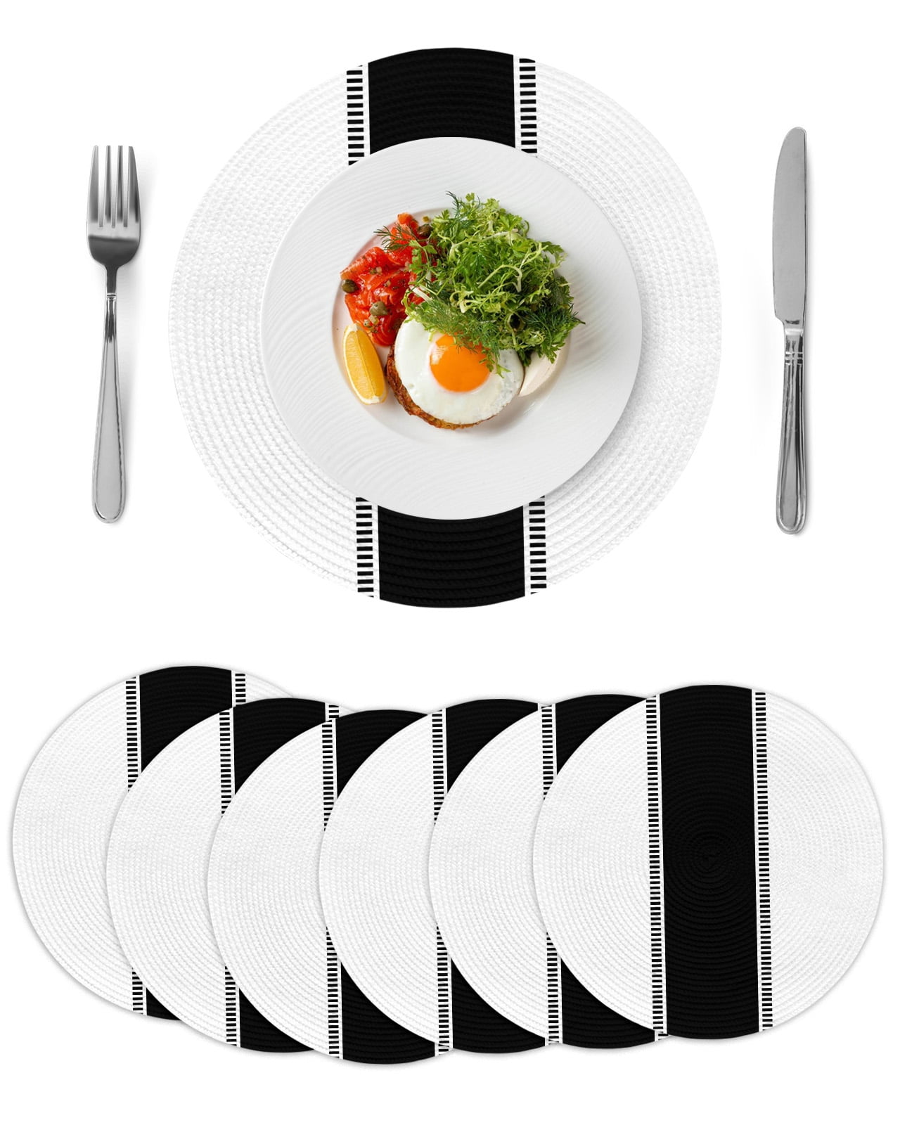 Black Farmhouse Striped Round Table Placemats set of 6, White Washable ...