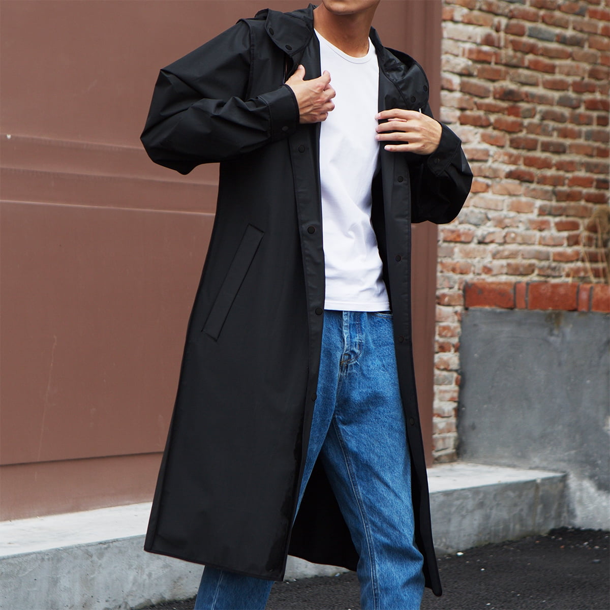 Black Fashion Adult Waterproof Long Raincoat Women Men Rain Coat Hooded ...
