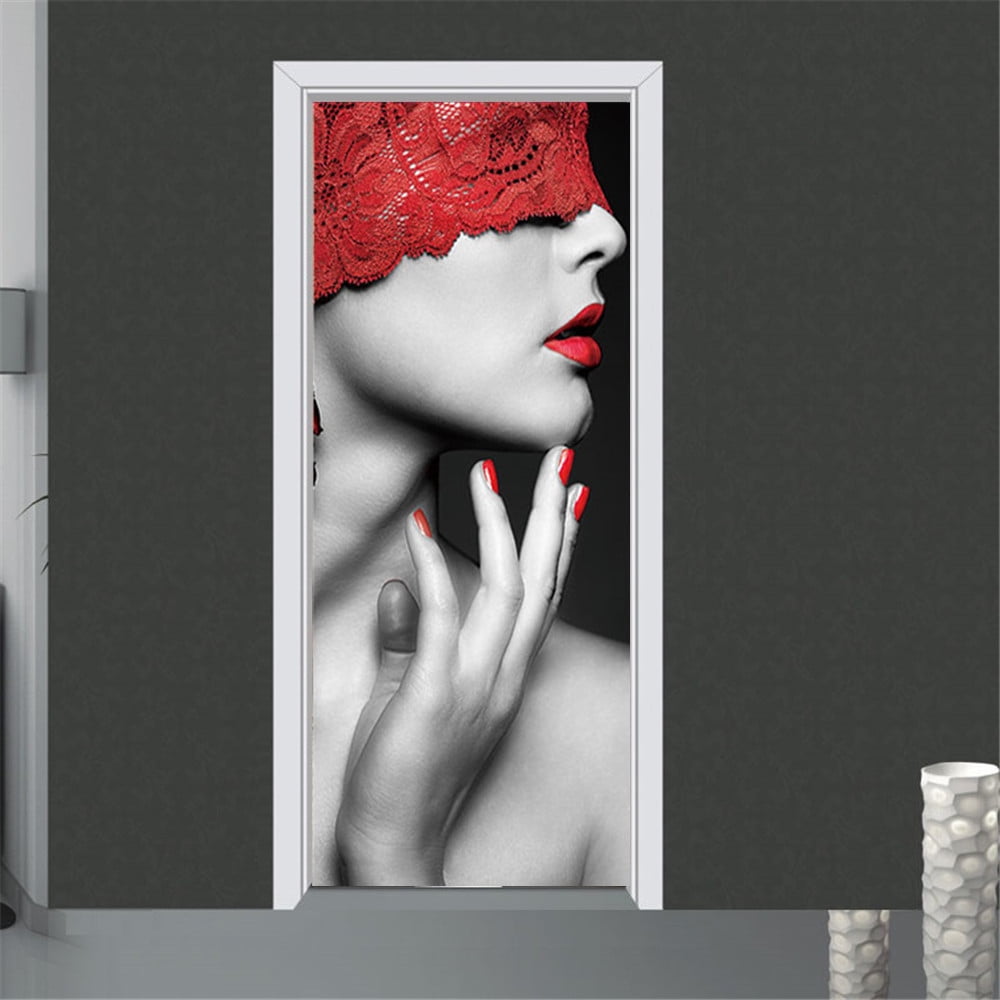Black Fashion Lady Poster Red Lips Makeup Print Door Sticker Art ...