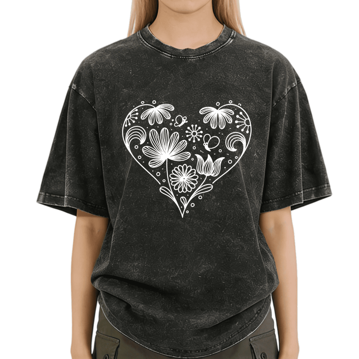 Black Fashion Minimalist Floral Heart Print Tshirt Graphic Tees Shirts ...
