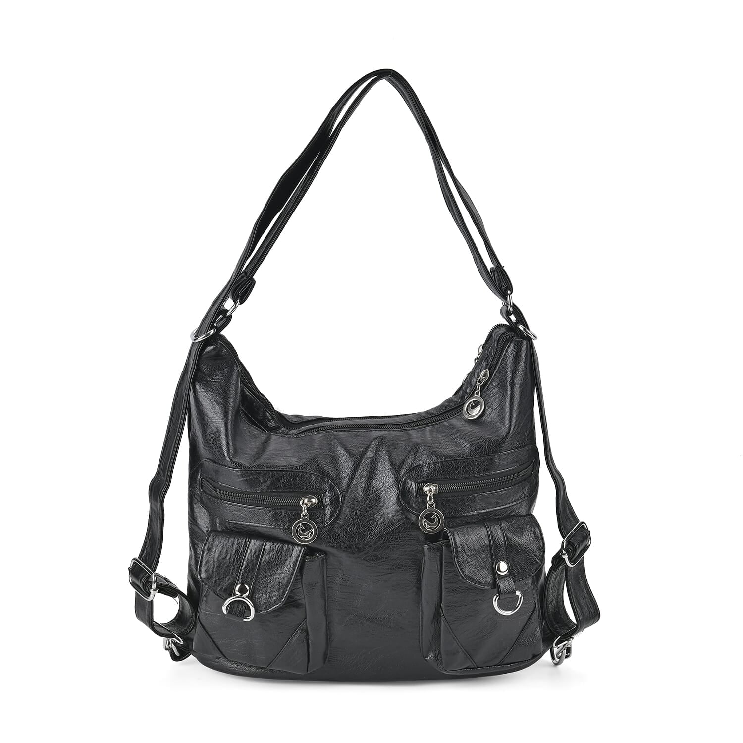 Black Faux Leather 2 in 1 Crossbody Bag / Backpack with Shoulder Strap ...