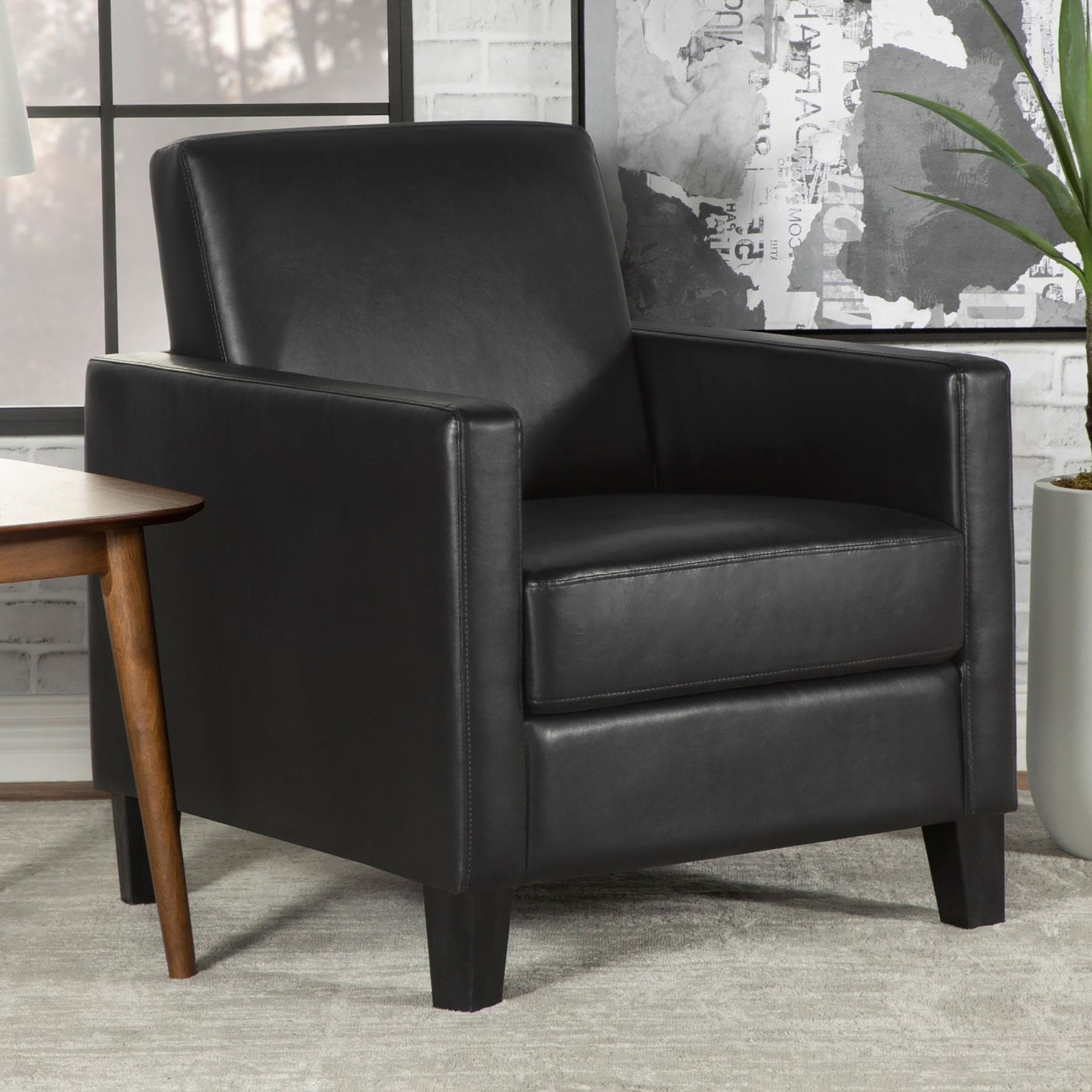 Black Faux Leather Accent Chair - Tall Tapered Legs for Visual Interest ...