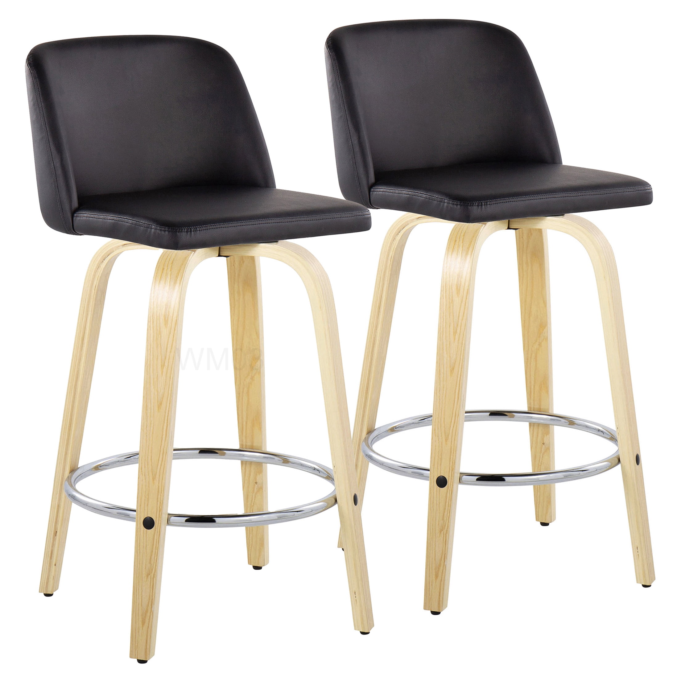 Black Faux Leather Counter Stools with Swivel and Chrome Footrest - Set ...