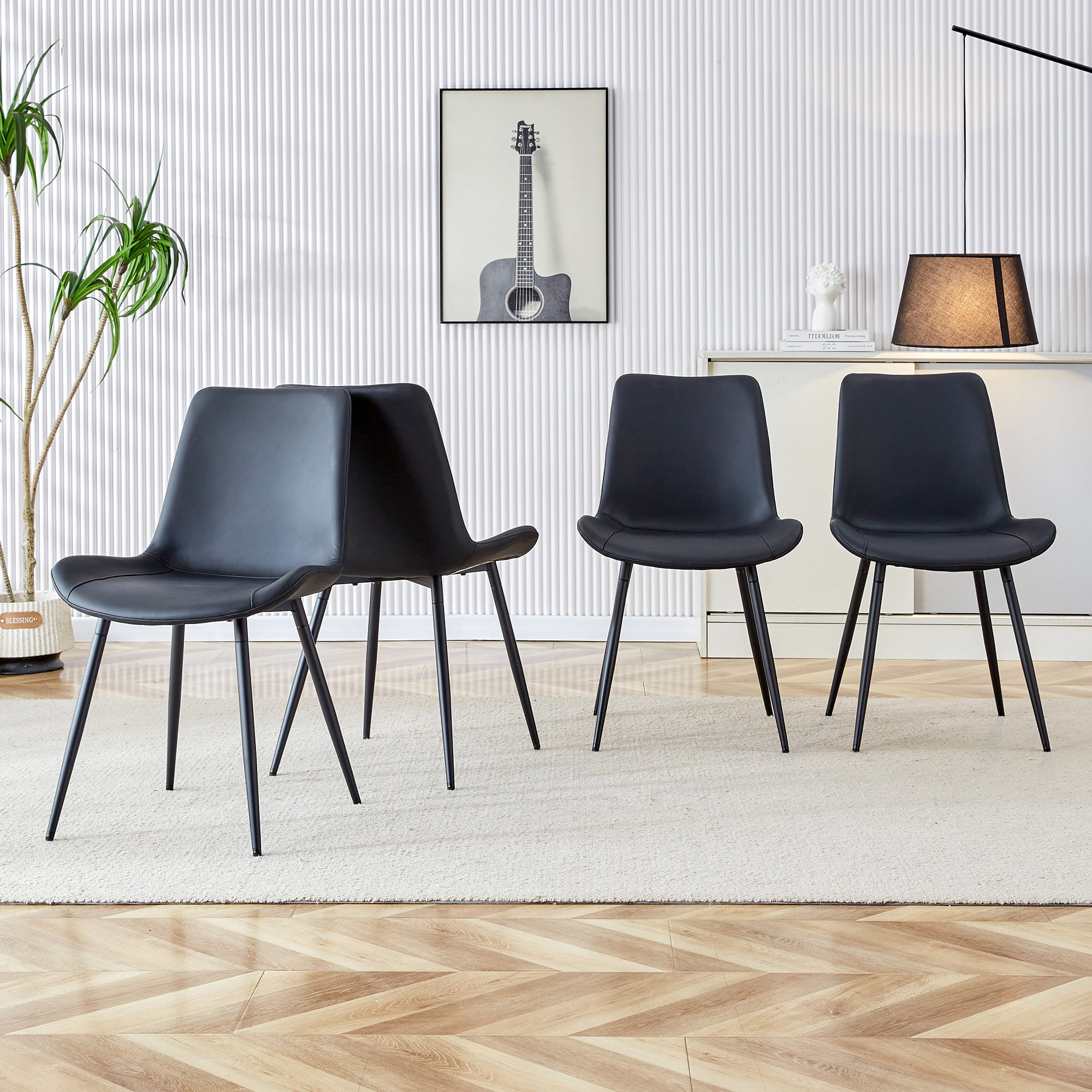 Black Faux Leather Dining Chairs (Set of 4) with Curved Cushioned Seat ...