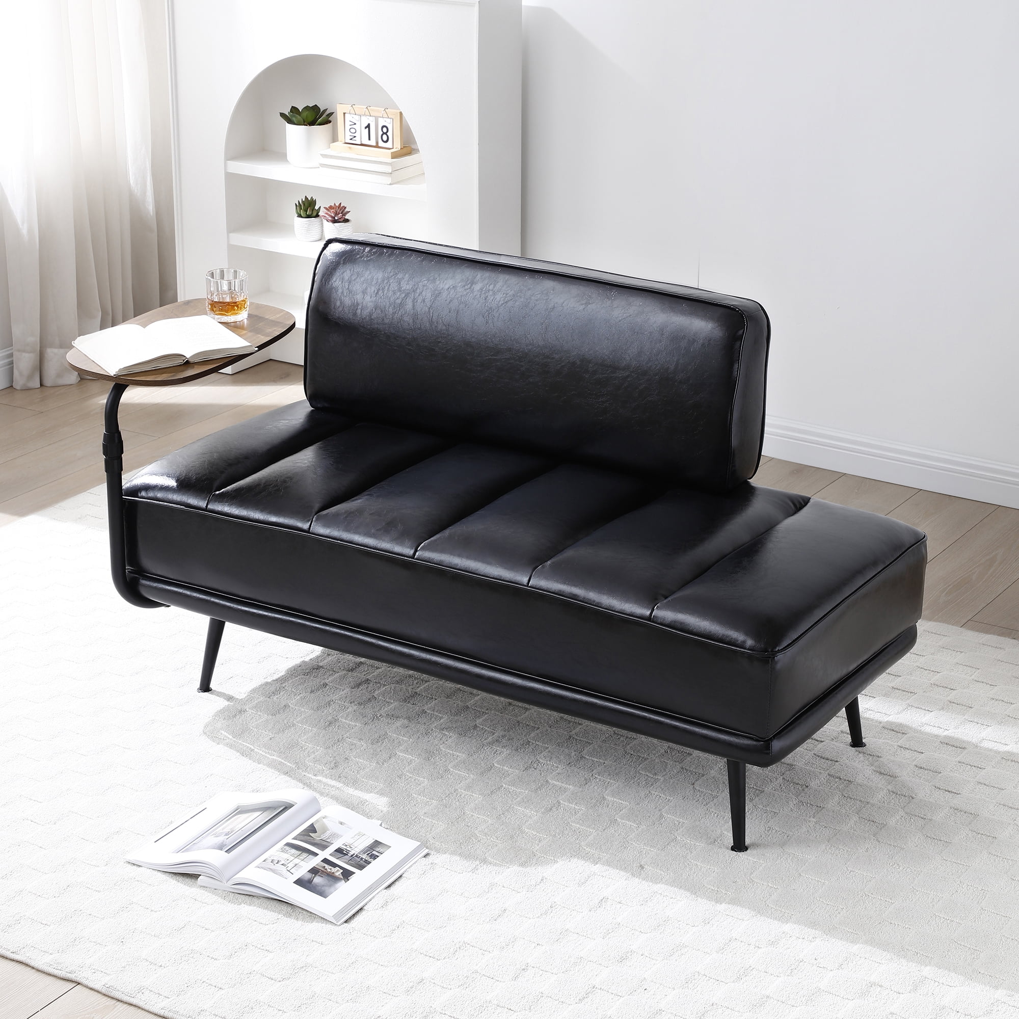 Black Faux Leather End of Bed Bench with Side Table & Swivel Tray ...