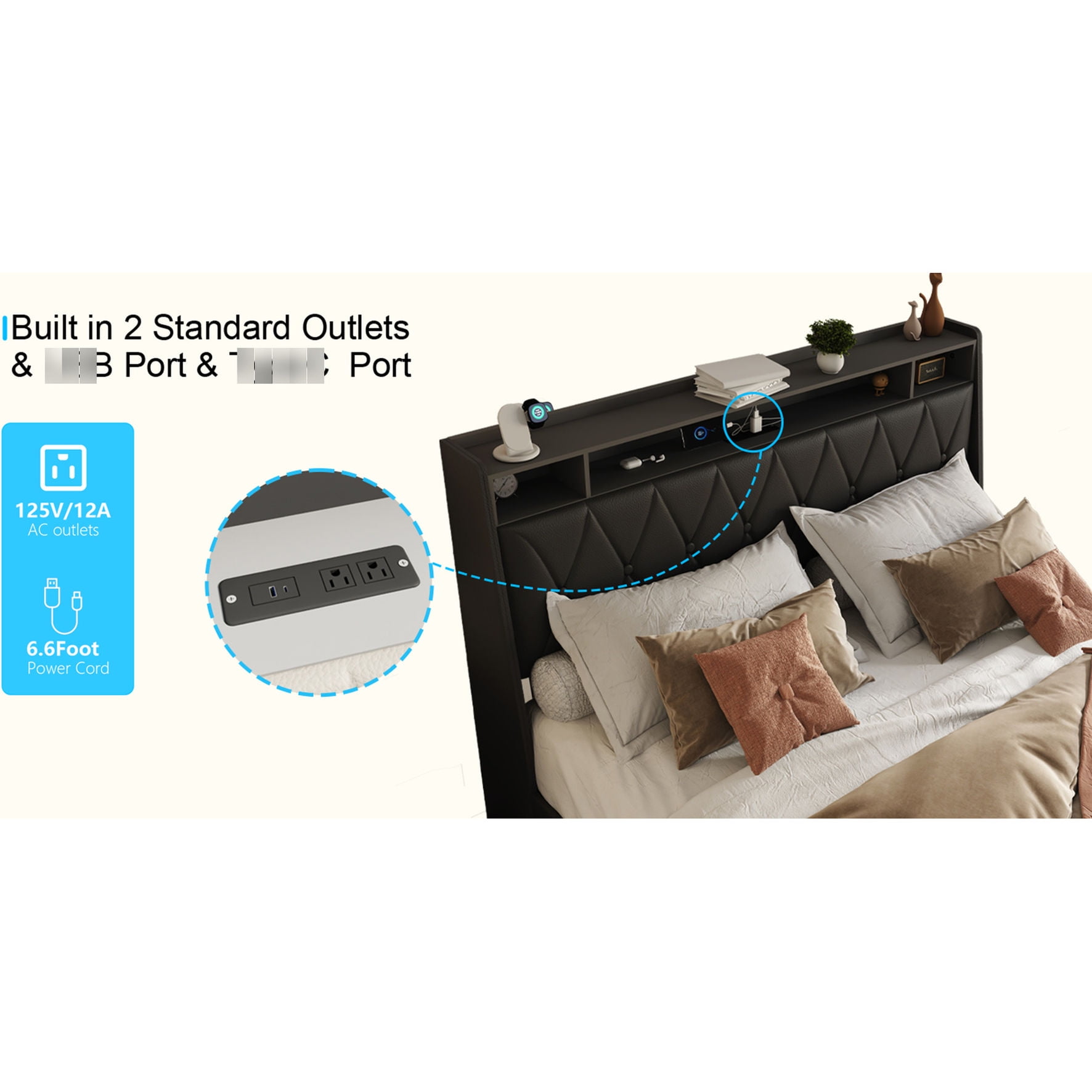 Black Faux Leather Full Bed - Integrated Outlets for Devices - Bedroom ...