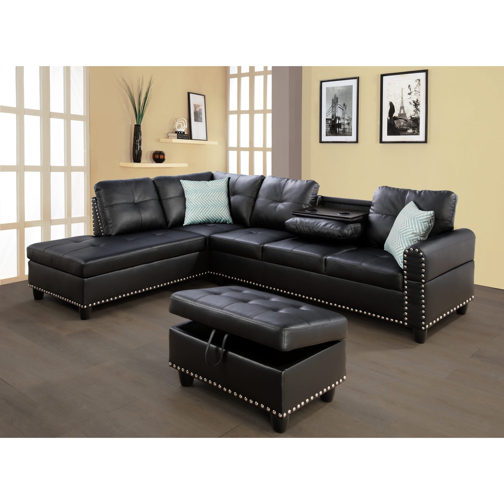Black Faux Leather - Low-Profile Dowel Legs - Game Day - Ottoman with ...