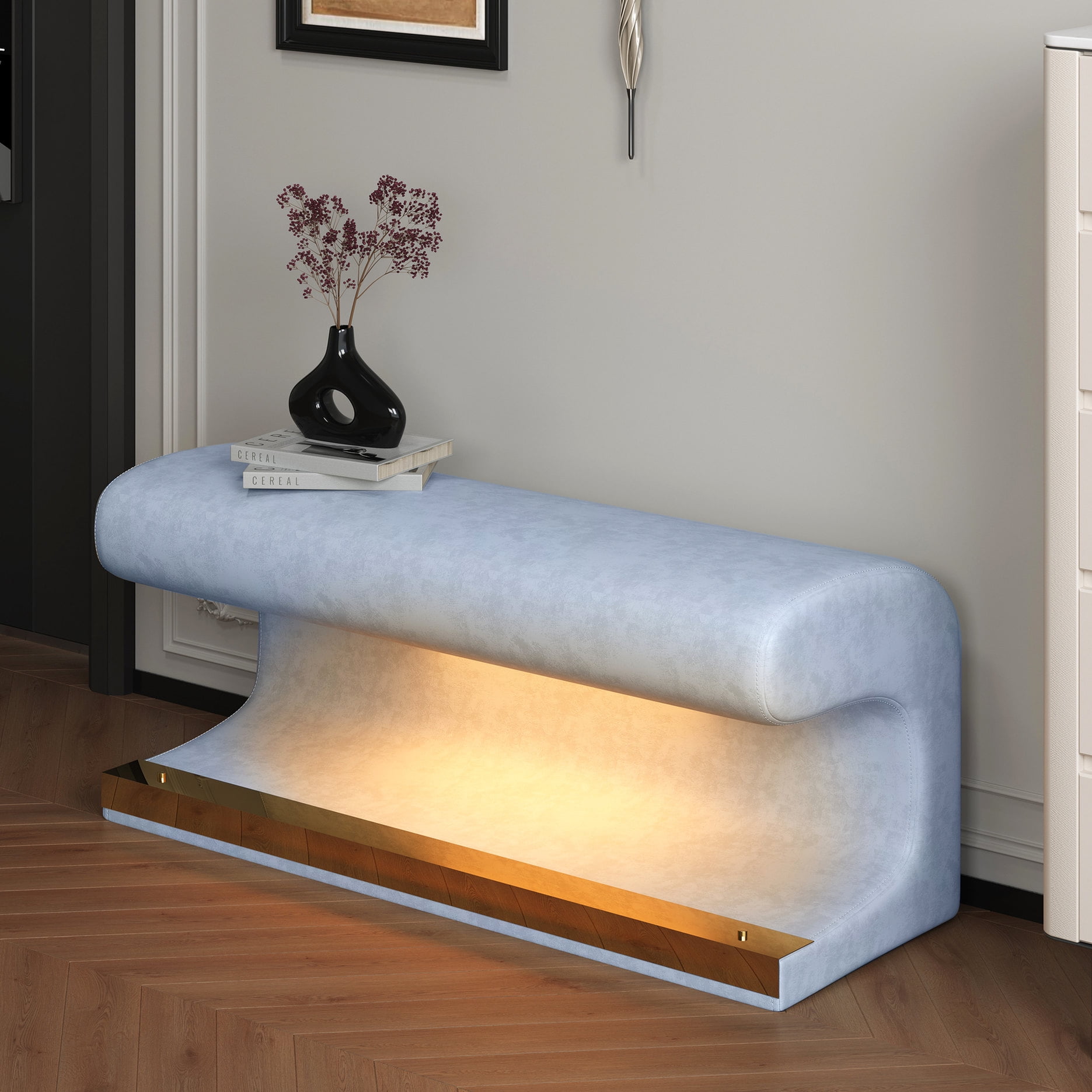 Black Faux Leather Ottoman with Motion-Sensing Light for Primary Living ...