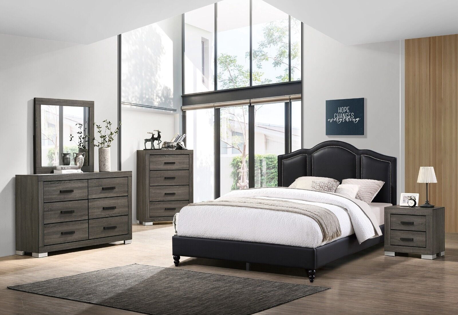Black Faux Leather Queen Size Bed 4pc Set Dresser Mirror Nightstand ...