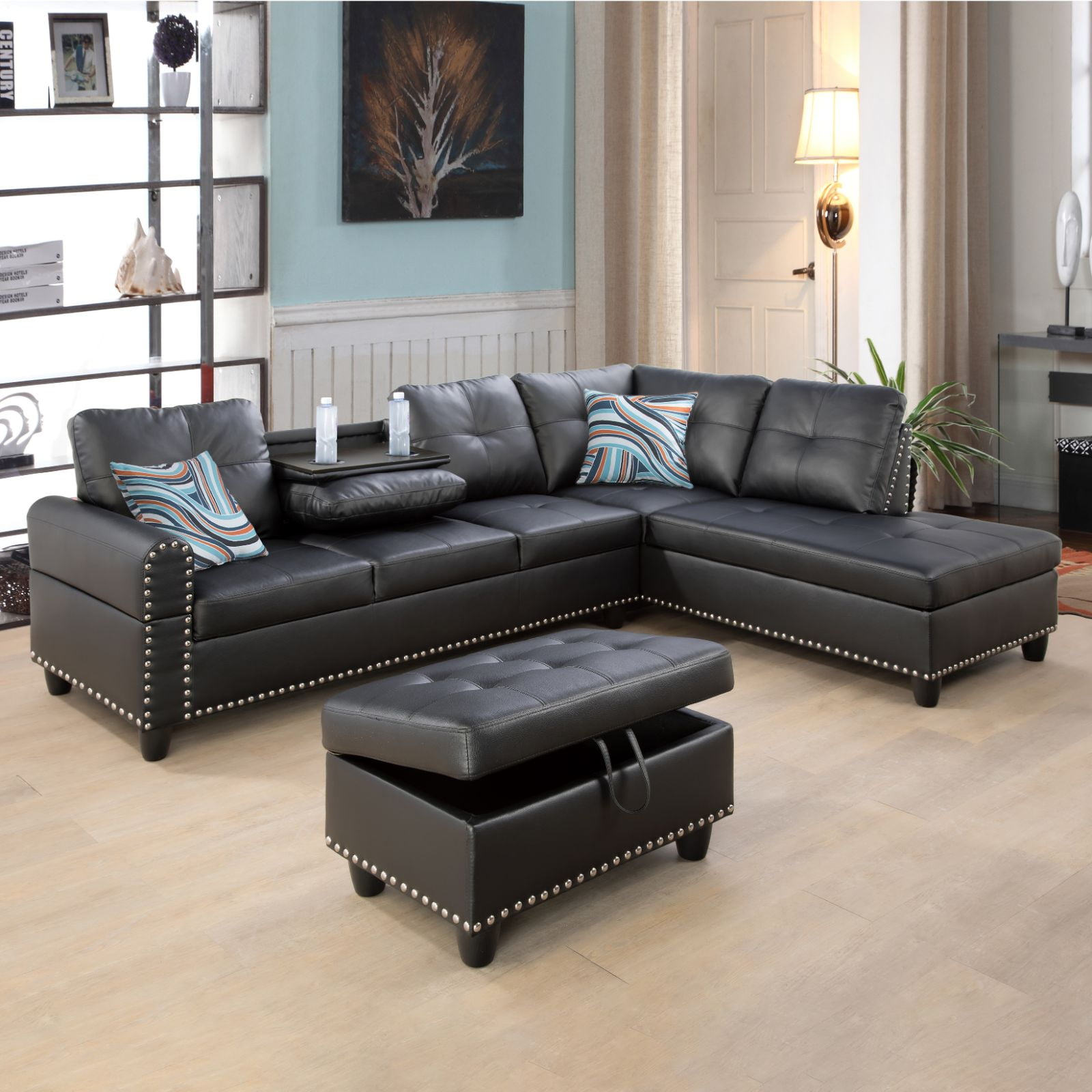 Black Faux Leather Synthetic Leather 3-Piece Sofa Set - Walmart.com