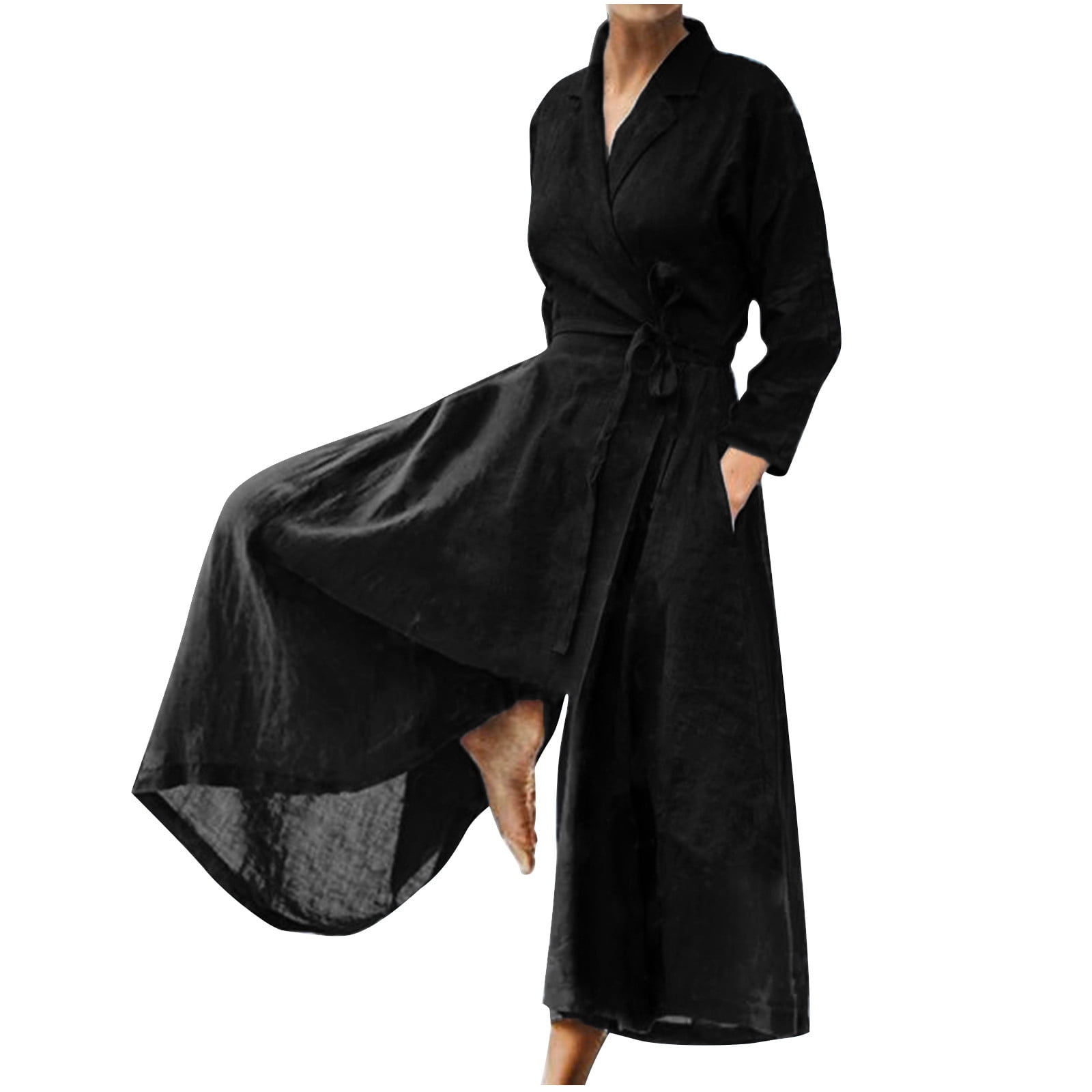 Black Faux Linen Overalls for Women Fall Summer Loose Fit Lounge Thin ...