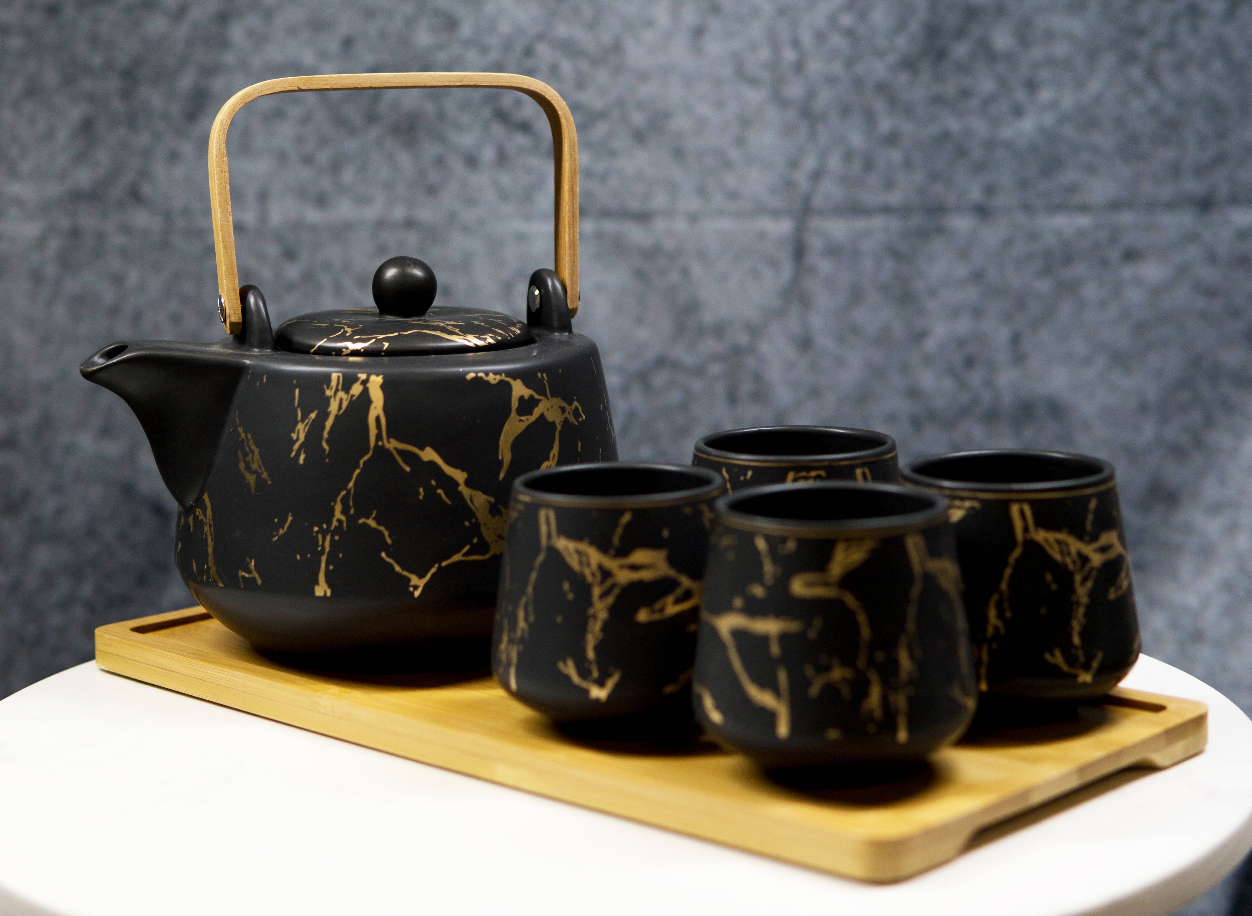 Black Faux Marble With Gold Veins Ceramic Tea Pot And Cups With Tray ...